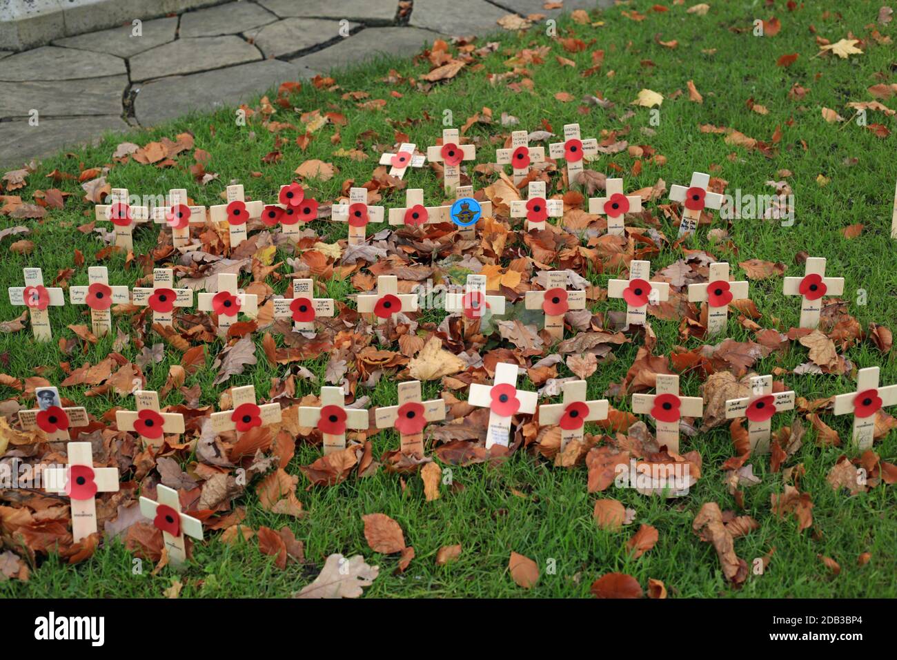 Small wooden remembrance crosses in the grounds of Worcester cathedral ...