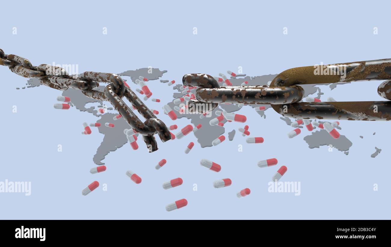 The 3d rendering of Colorful medicine pills supply chain broken Stock ...