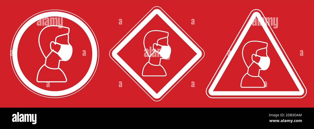 Man with face mask protection different red warning signs vector ...