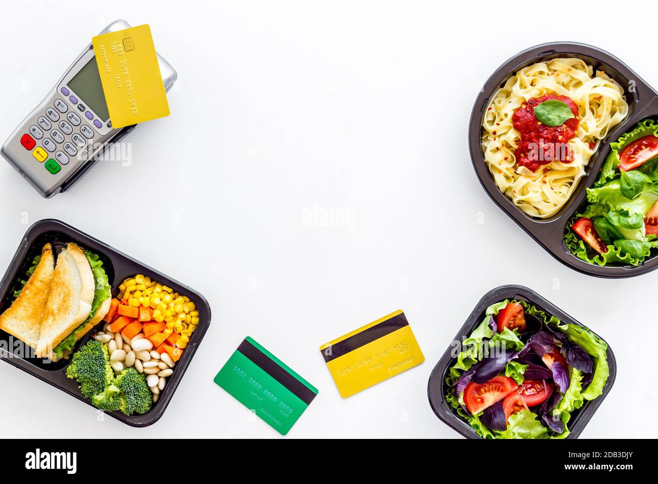 Food delivery payment with terminal and lunch boxes with meal Stock ...