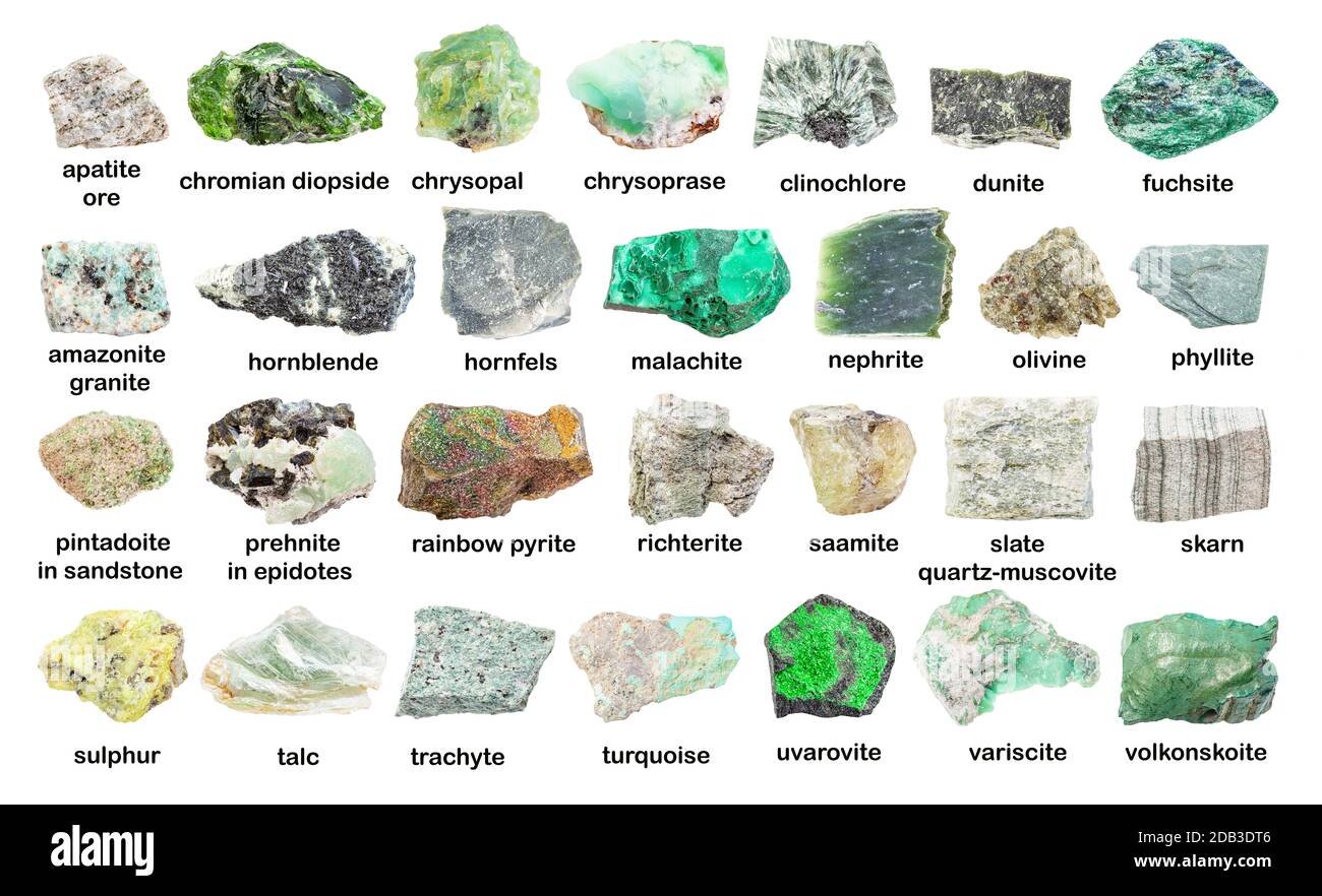 set of various green unpolished stones with names (variscite, turquoise ...