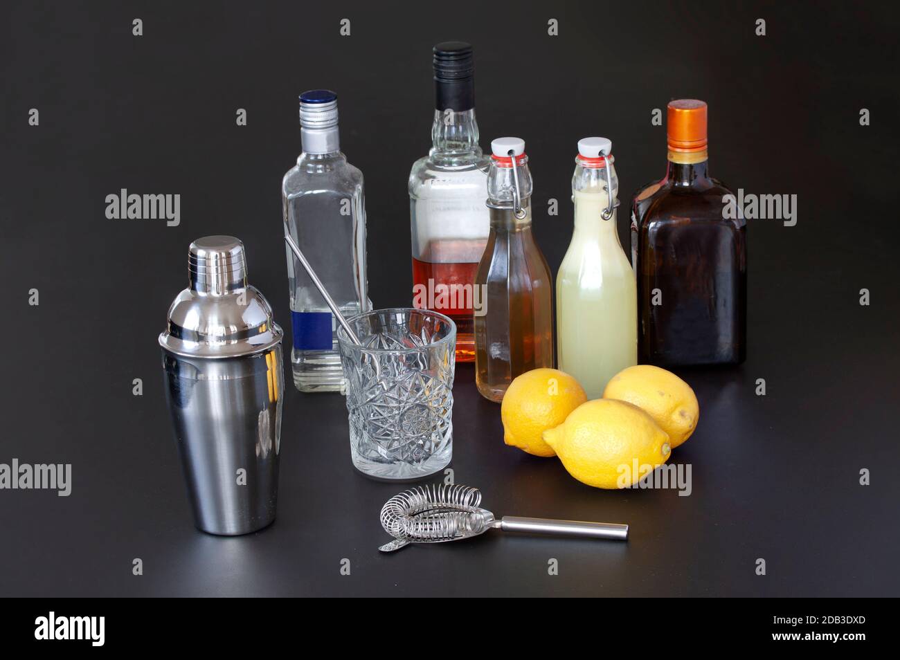 Bar accessories, drink tools and cocktail ingredients including shaker ...