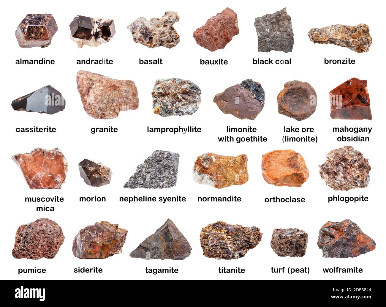 set of various brown unpolished rocks with names ( almandine ...