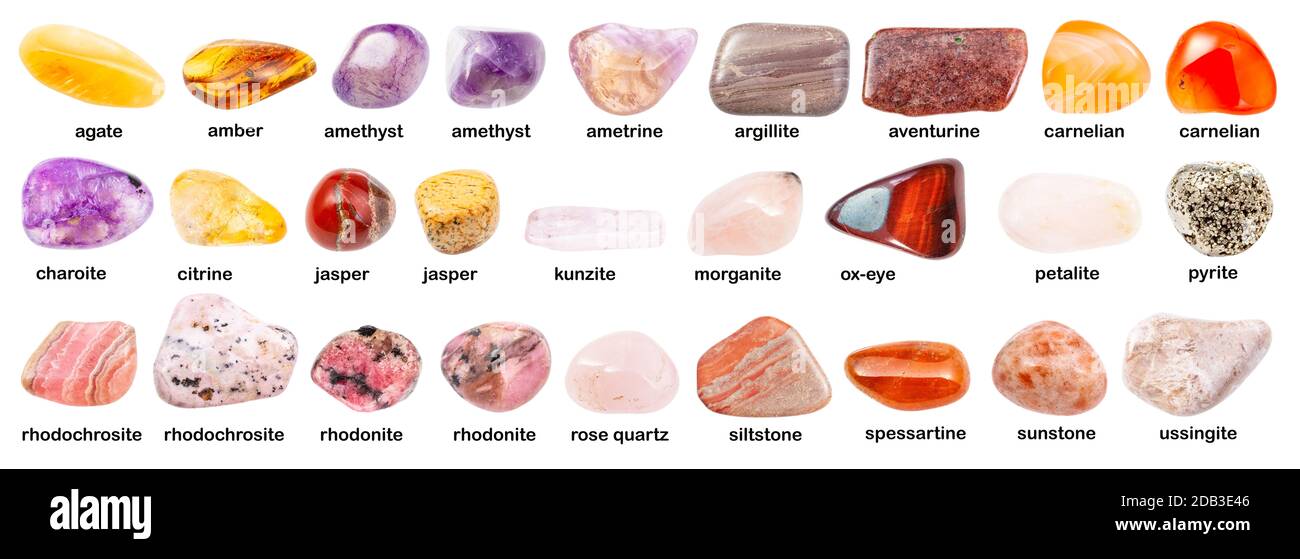 collection of various gemstones with names (kunzite, siltstone ...