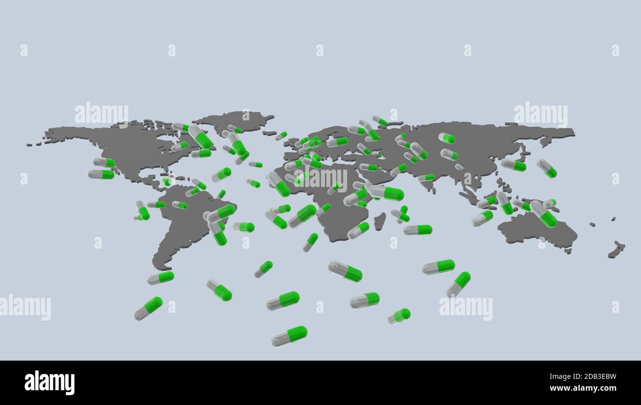 The 3d rendering of Colorful medicine pills and drugs on world map ...