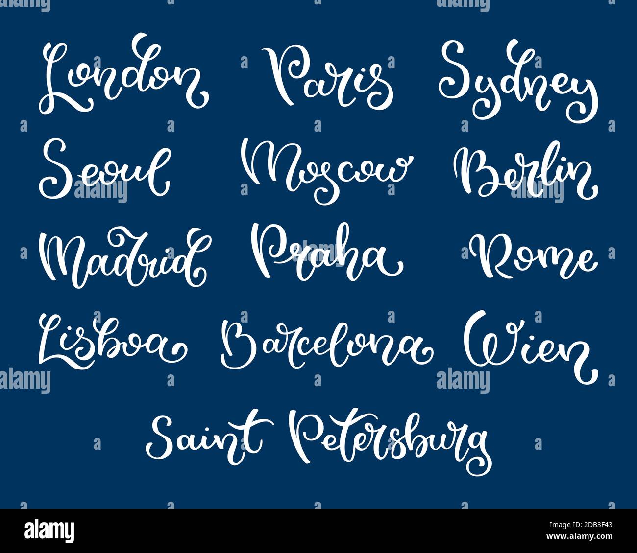 Hand lettering city names. London, Seoul, Madrid, Lisboa, Paris ...