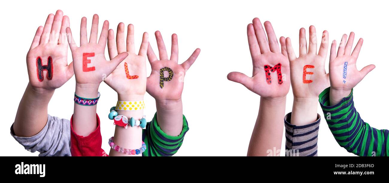 Children Hands Building Colorful Word Help Me. White Isolated ...