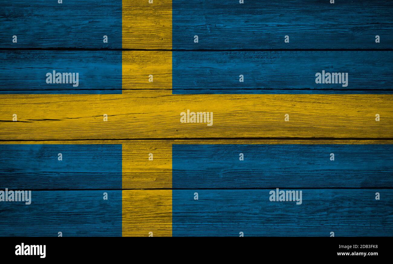 Sweden national flag colors painted on old wooden plank background ...
