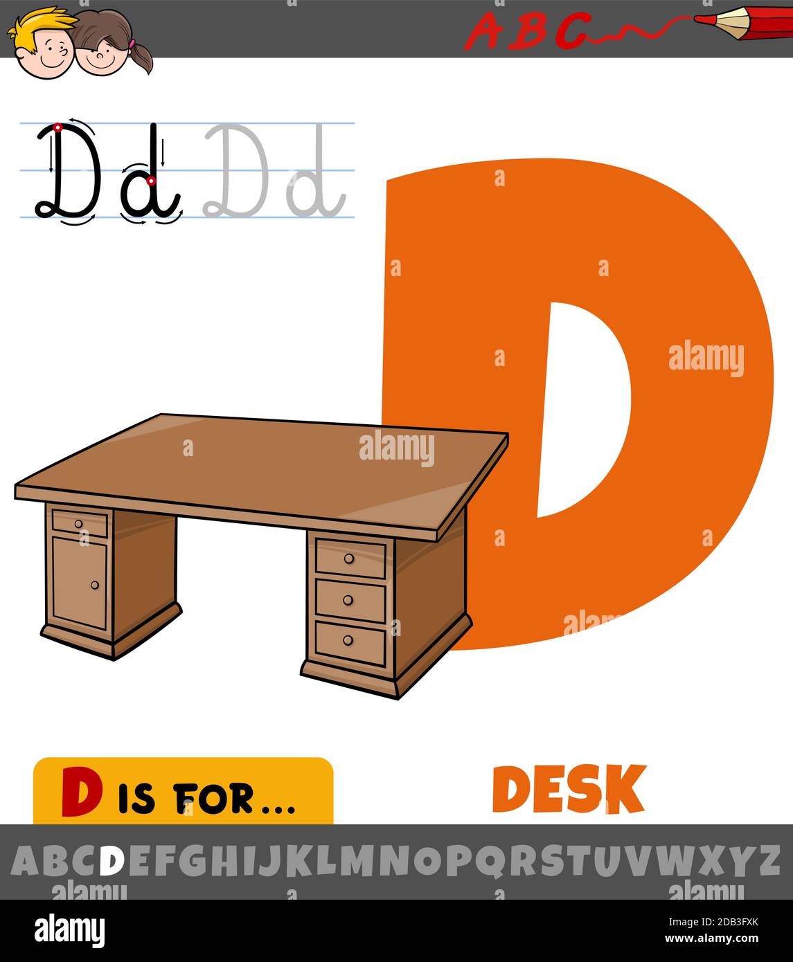 Educational cartoon illustration of letter D from alphabet with desk ...