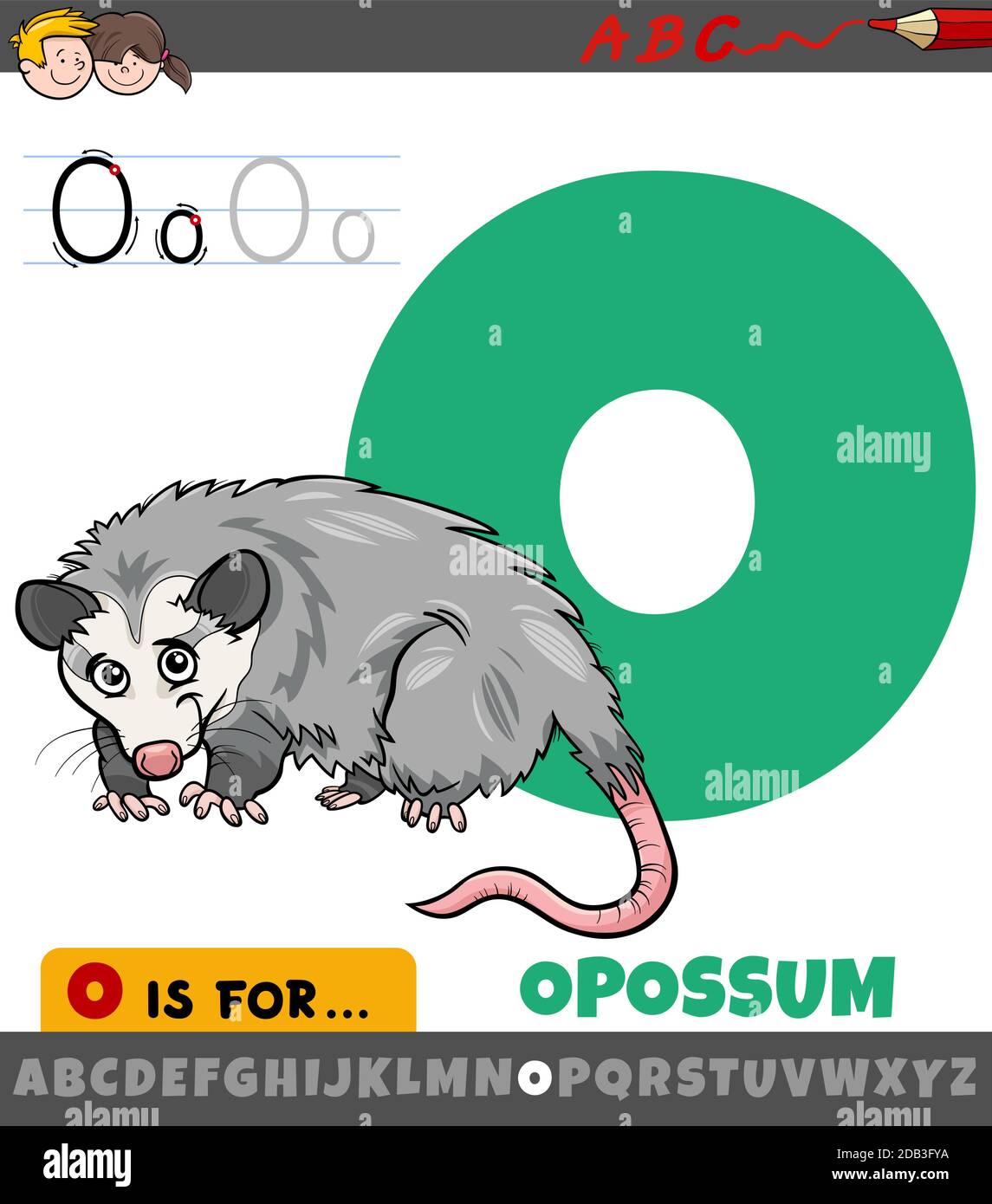 Educational cartoon illustration of letter O from alphabet with opossum ...