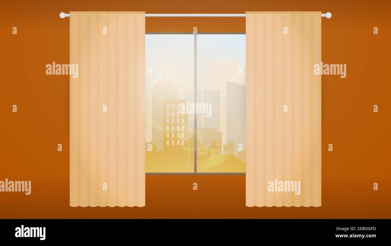 View of the daytime modern city from the window with curtains. Lights ...