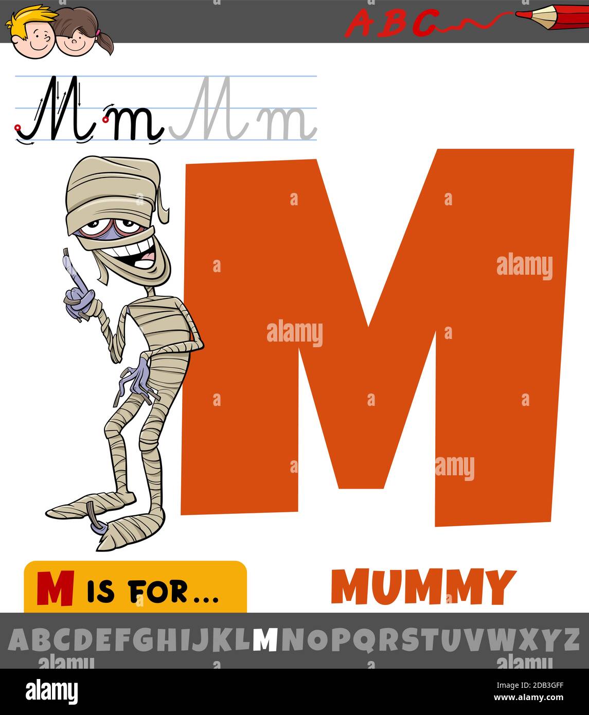 Educational cartoon illustration of letter M from alphabet with mummy ...