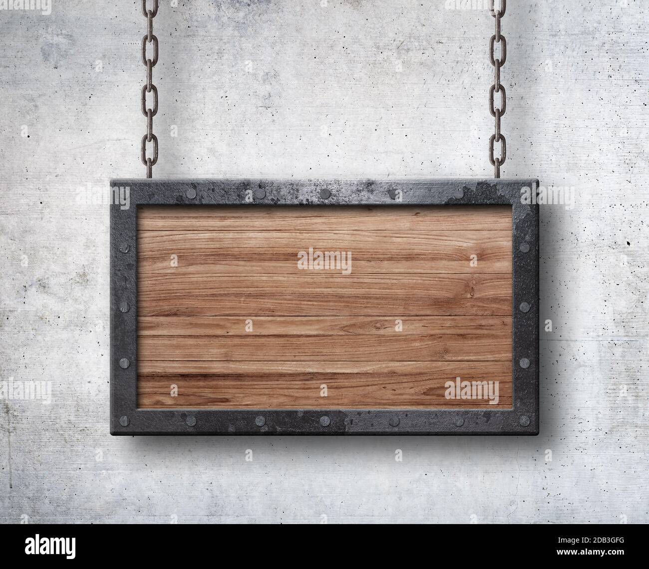 Grunge blank wood sign with metal frame hanging on chains in front of ...