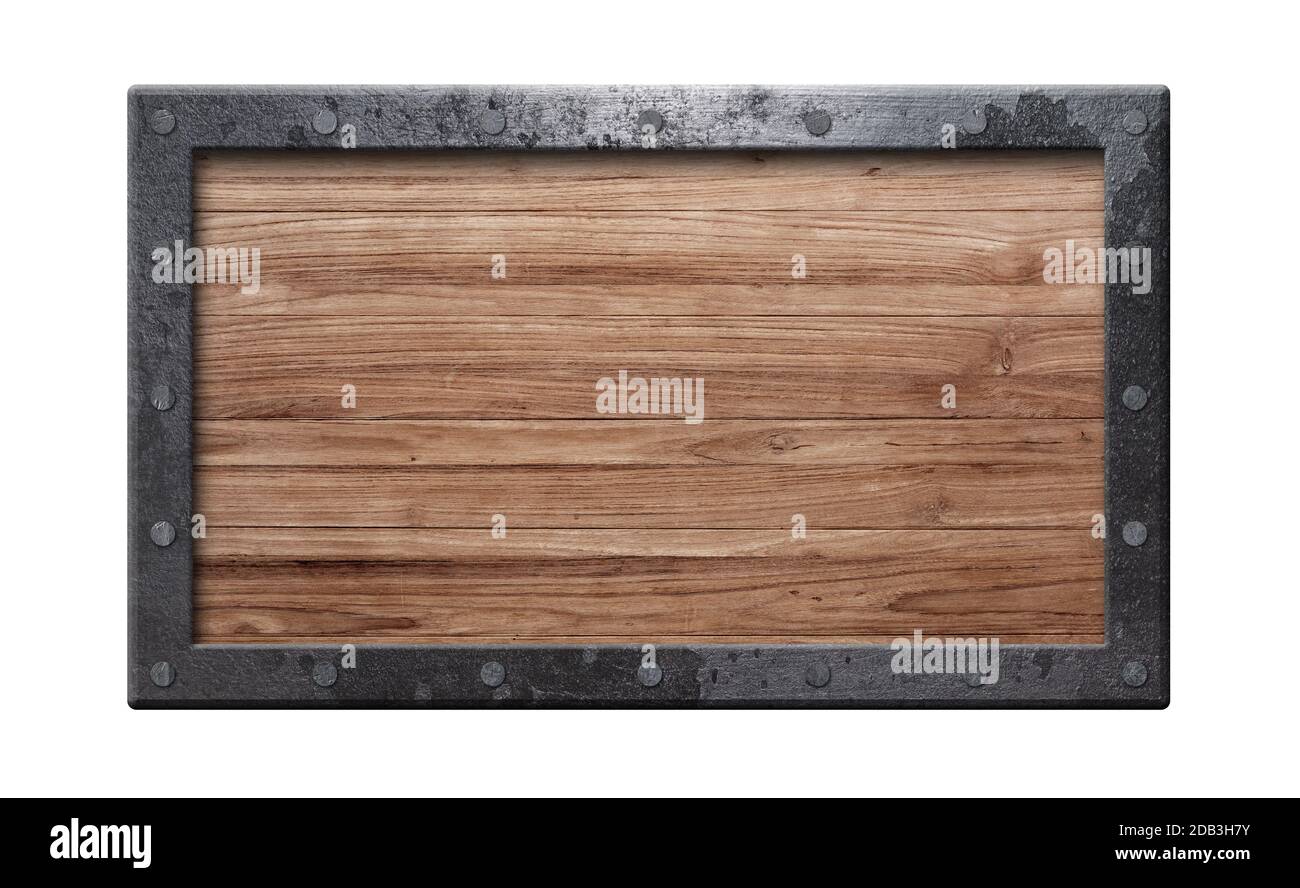 Old grunge wooden sign with metal frame isolated on white background ...