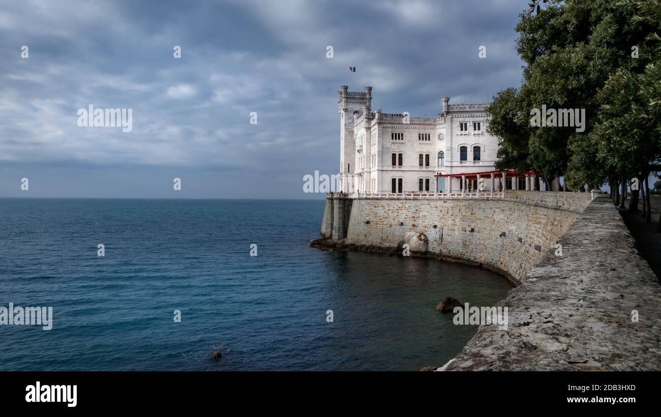 Italian castle by Adriatic sea in the gulf of Triest, ocean view in day ...