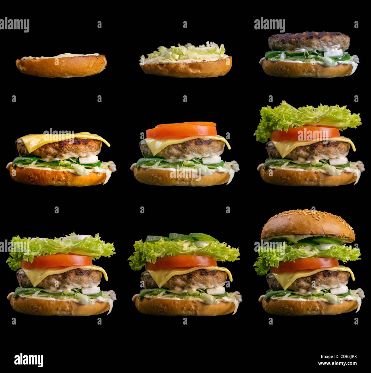 Process making of burger, step by step isolated on black background ...