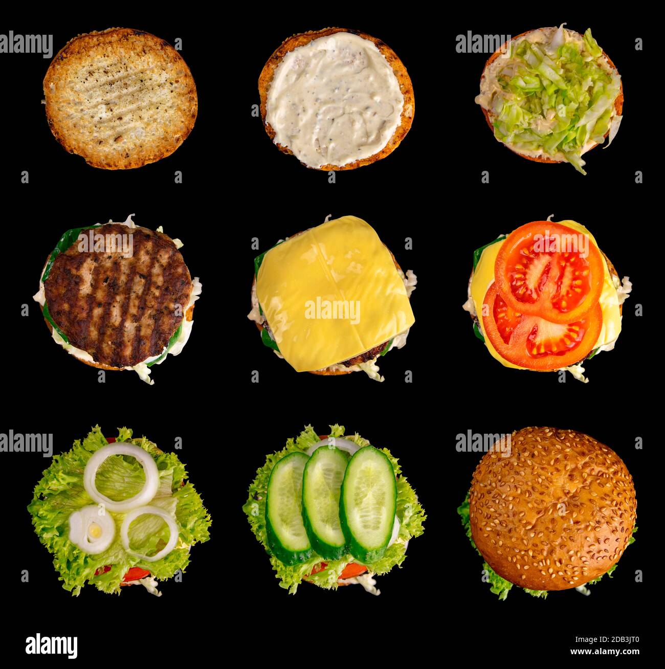 Process making of burger, step by step isolated on black background ...