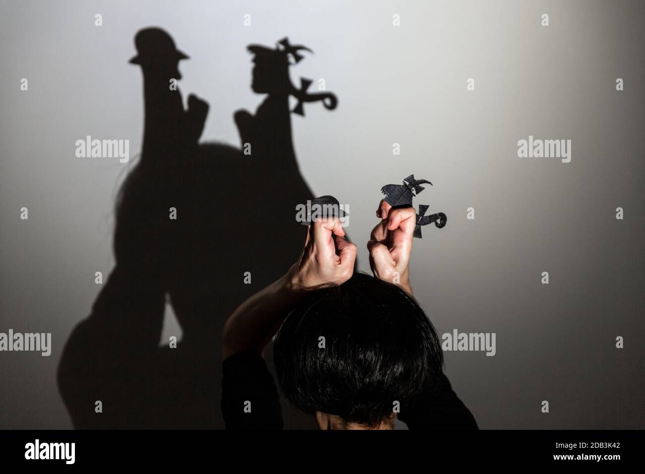 play shadow projected on a white screen. the person's hands shape two ...