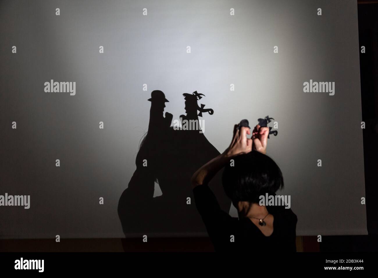 play shadow projected on a white screen. the person's hands shape two ...