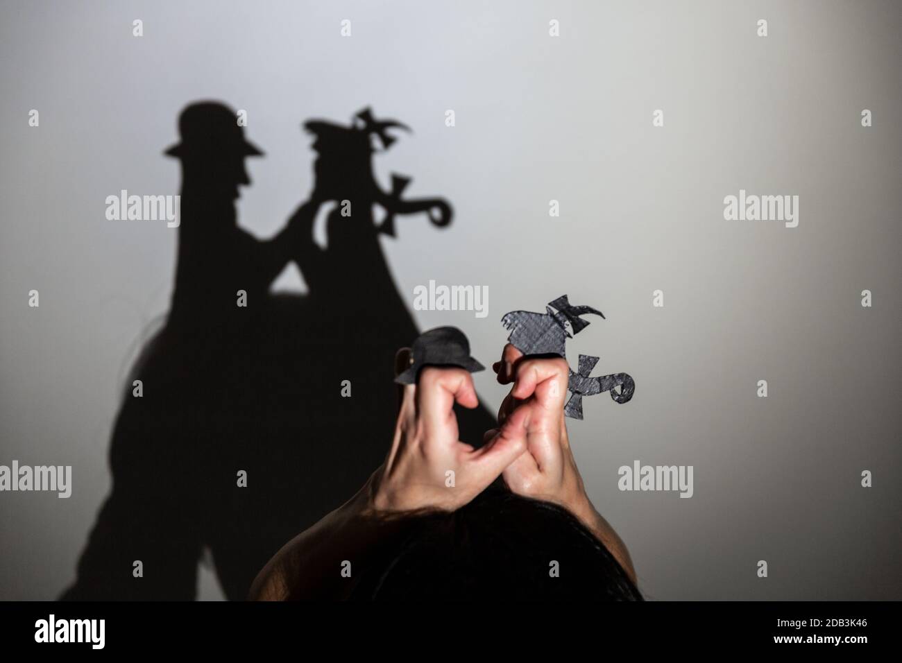 play shadow projected on a white screen. the person's hands shape two ...