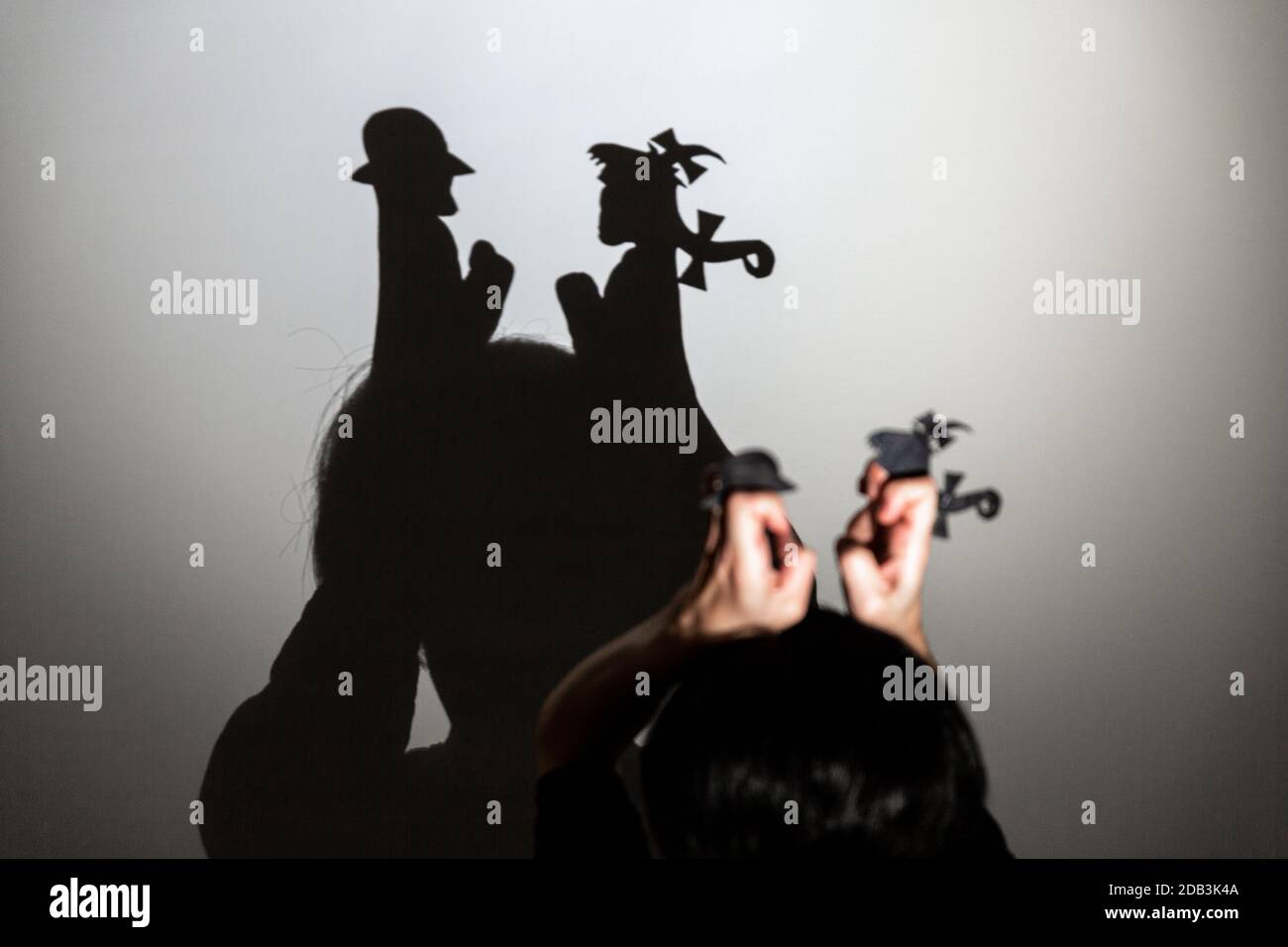 play shadow projected on a white screen. the person's hands shape two ...