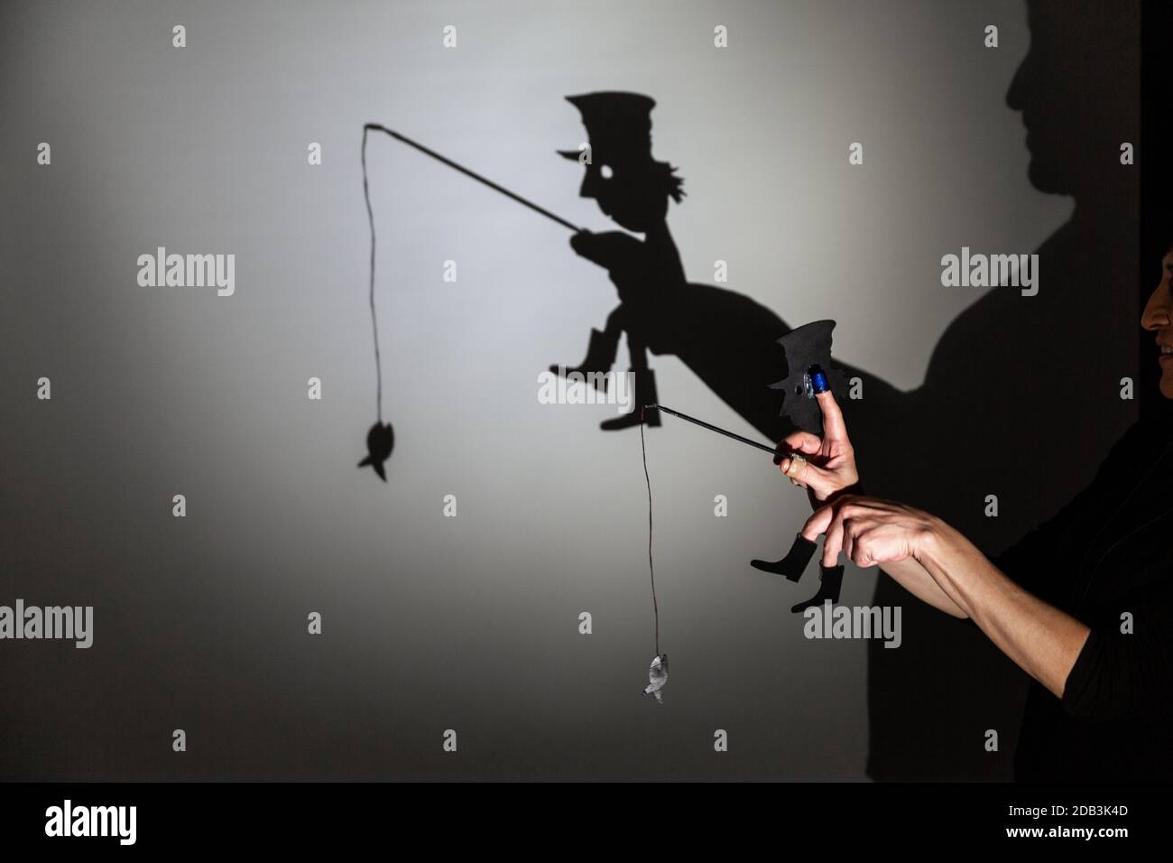 play shadow projected on a white screen. the person's hands shape a ...