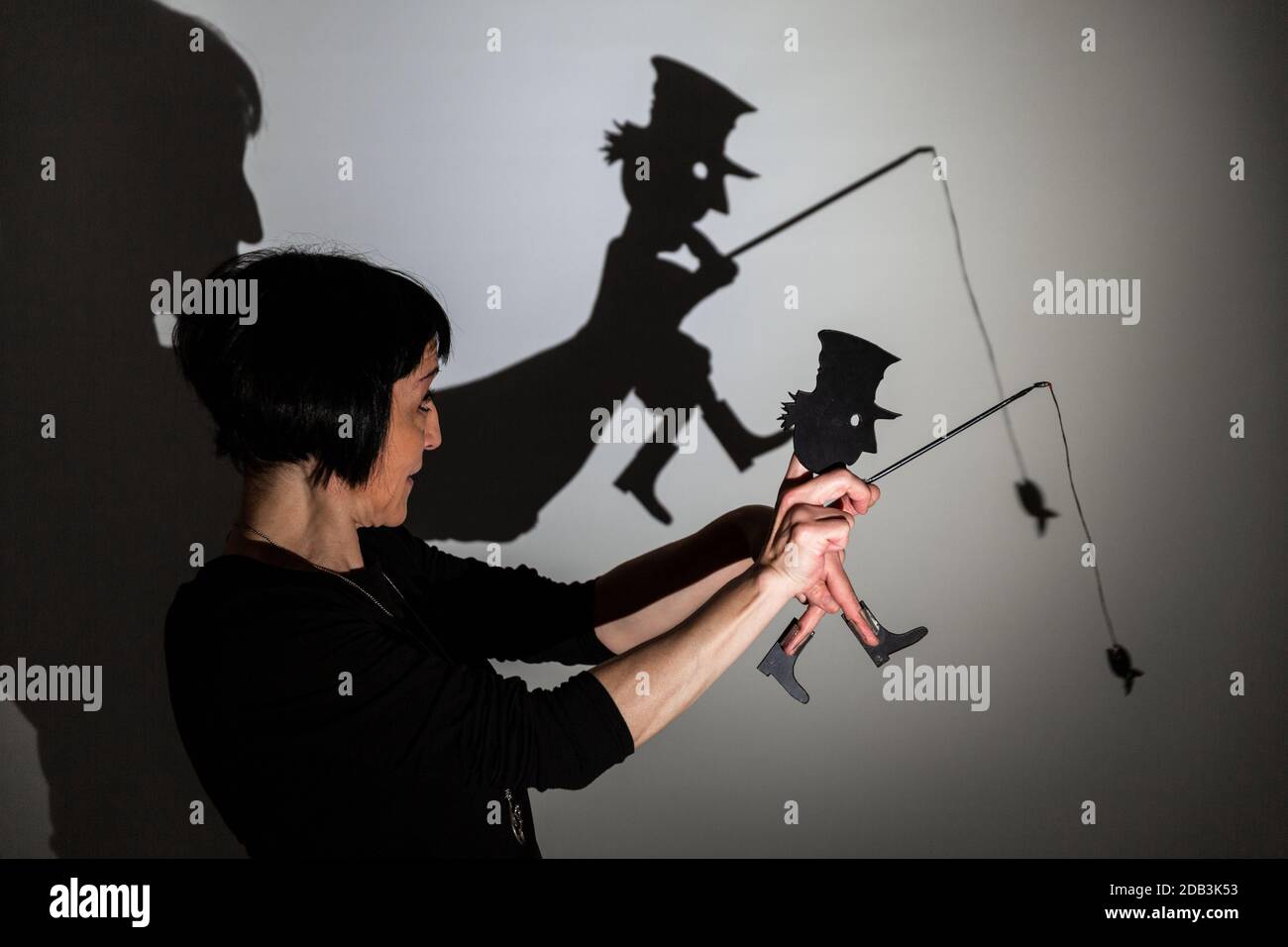 play shadow projected on a white screen. the person's hands shape a ...