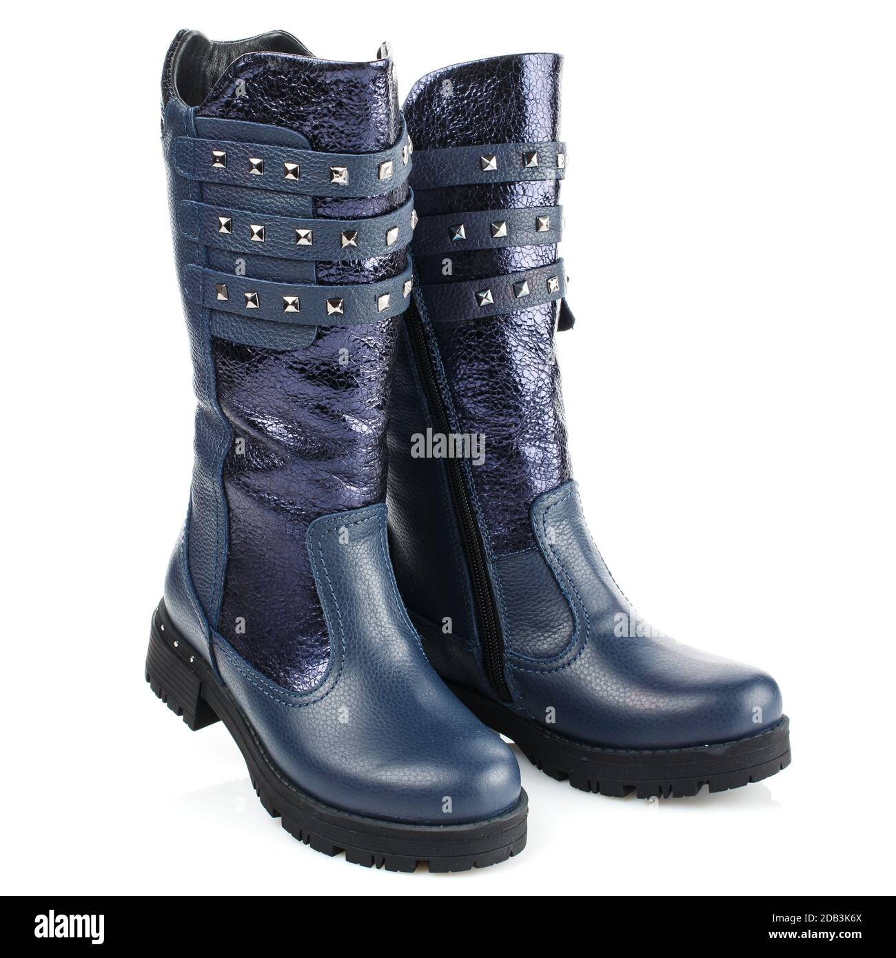 Blue leather boots for girls on a white background. Photo for shoes ...