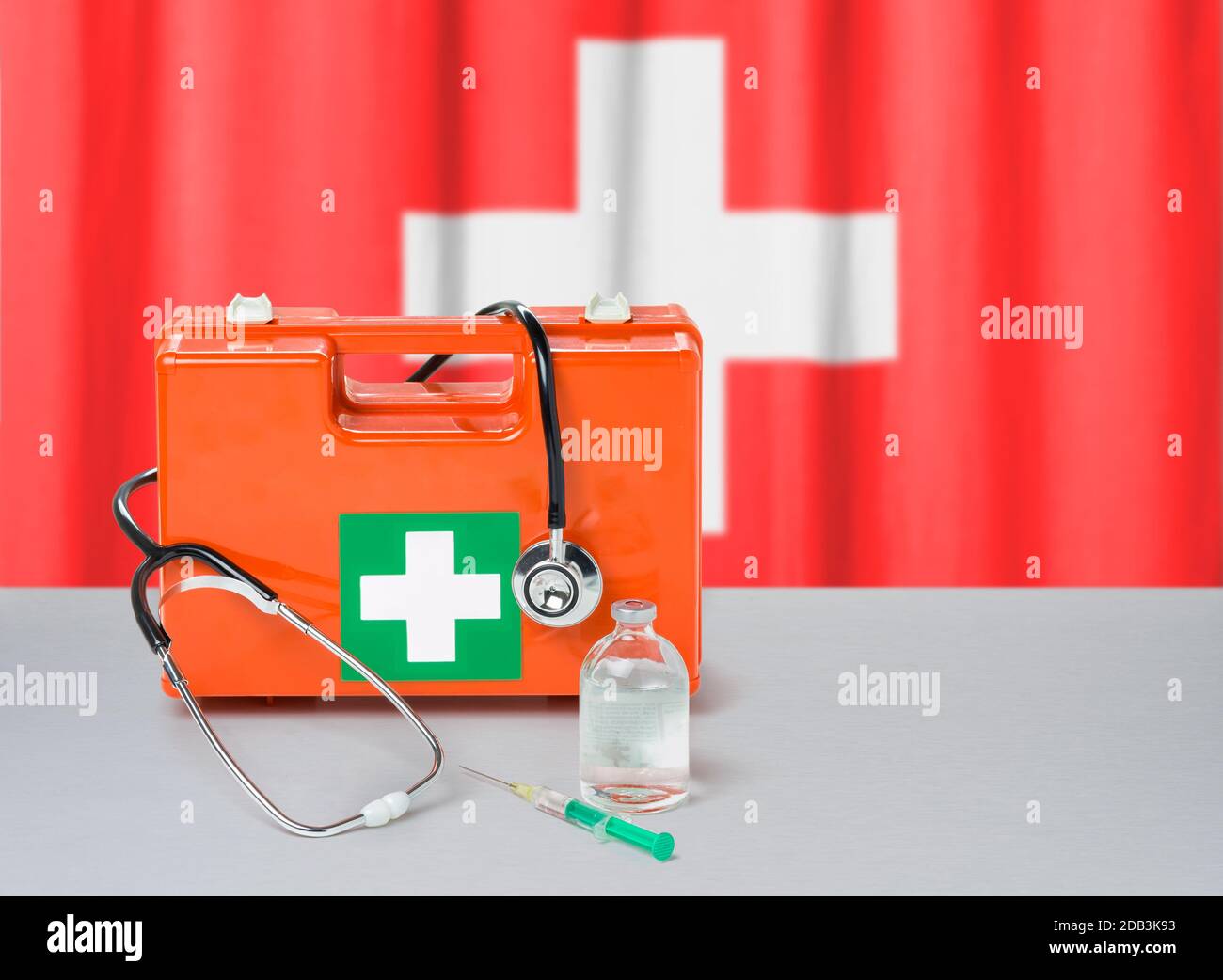 First aid kit with stethoscope and syringe - Switzerland Stock Photo ...