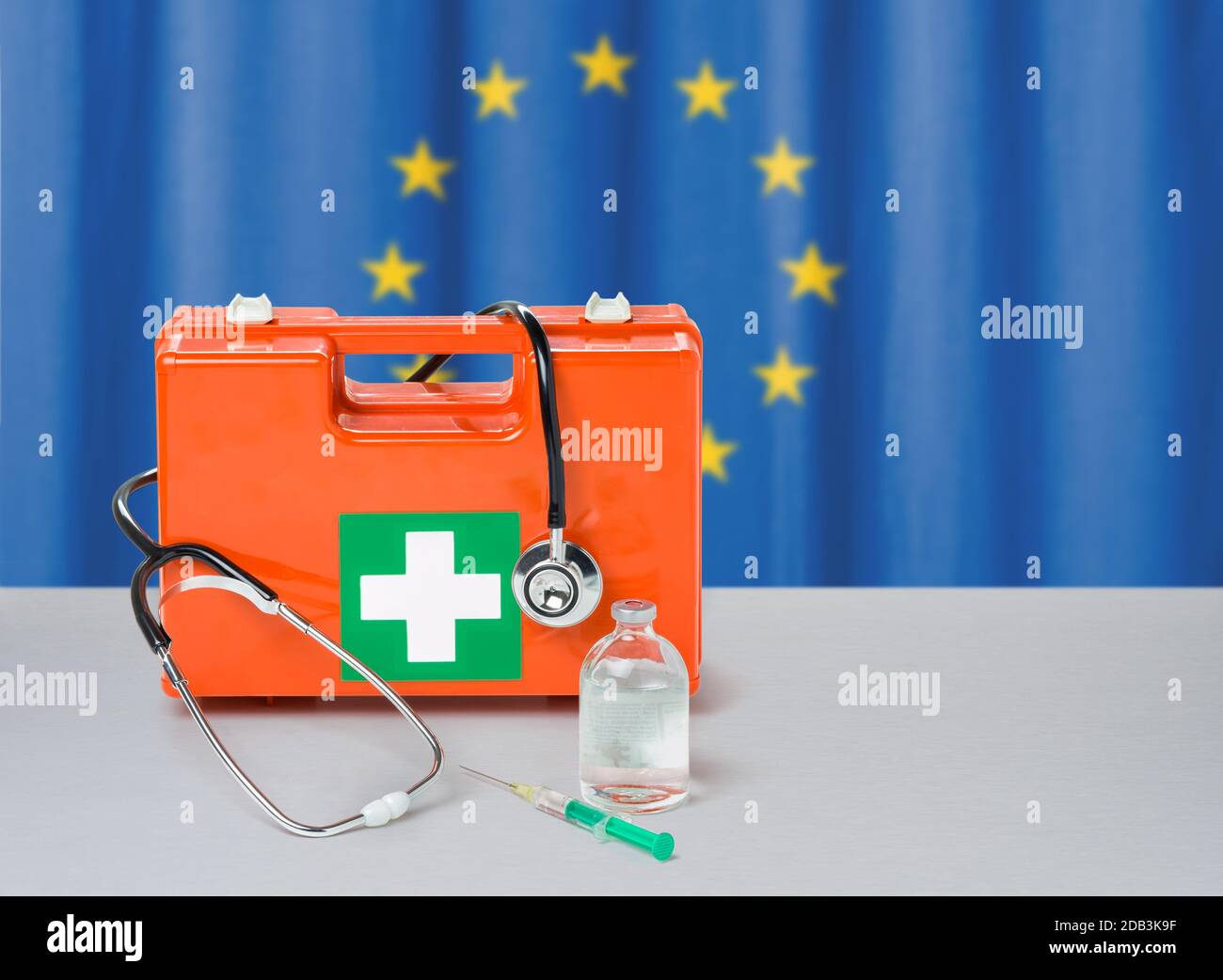 First aid kit with stethoscope and syringe - European Union Stock Photo ...