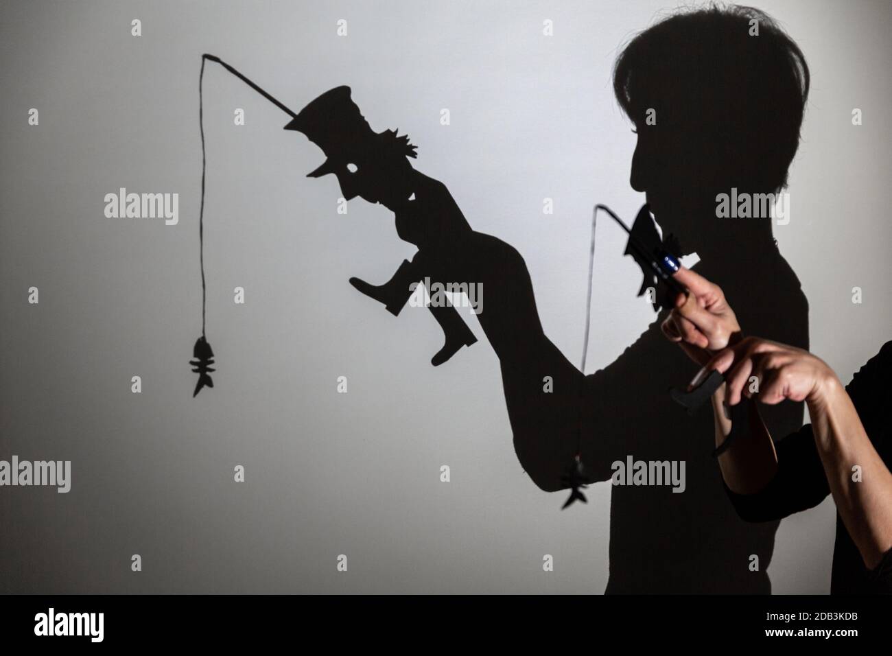 play shadow projected on a white screen. the person's hands shape a ...