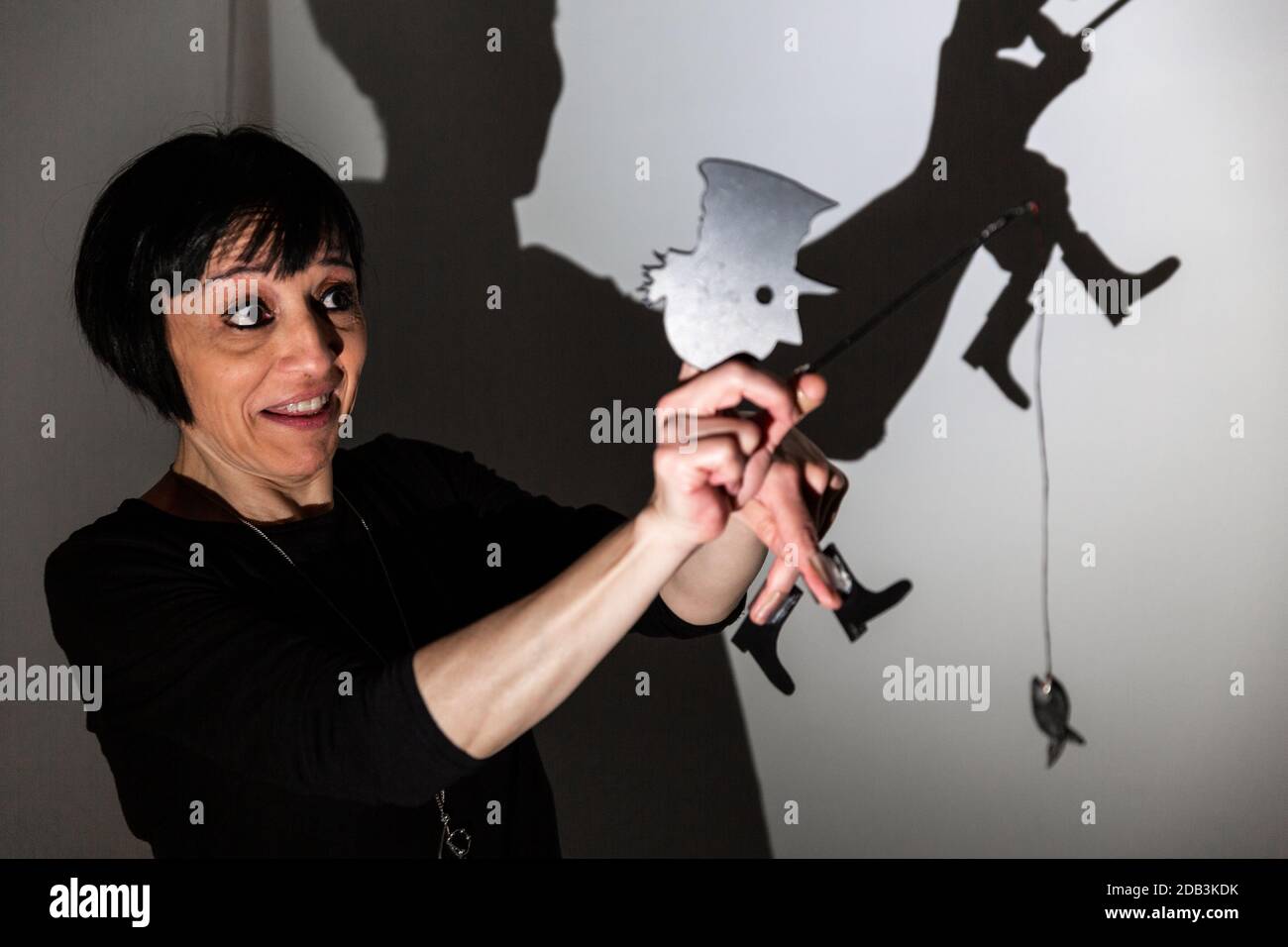 play shadow projected on a white screen. the person's hands shape a ...