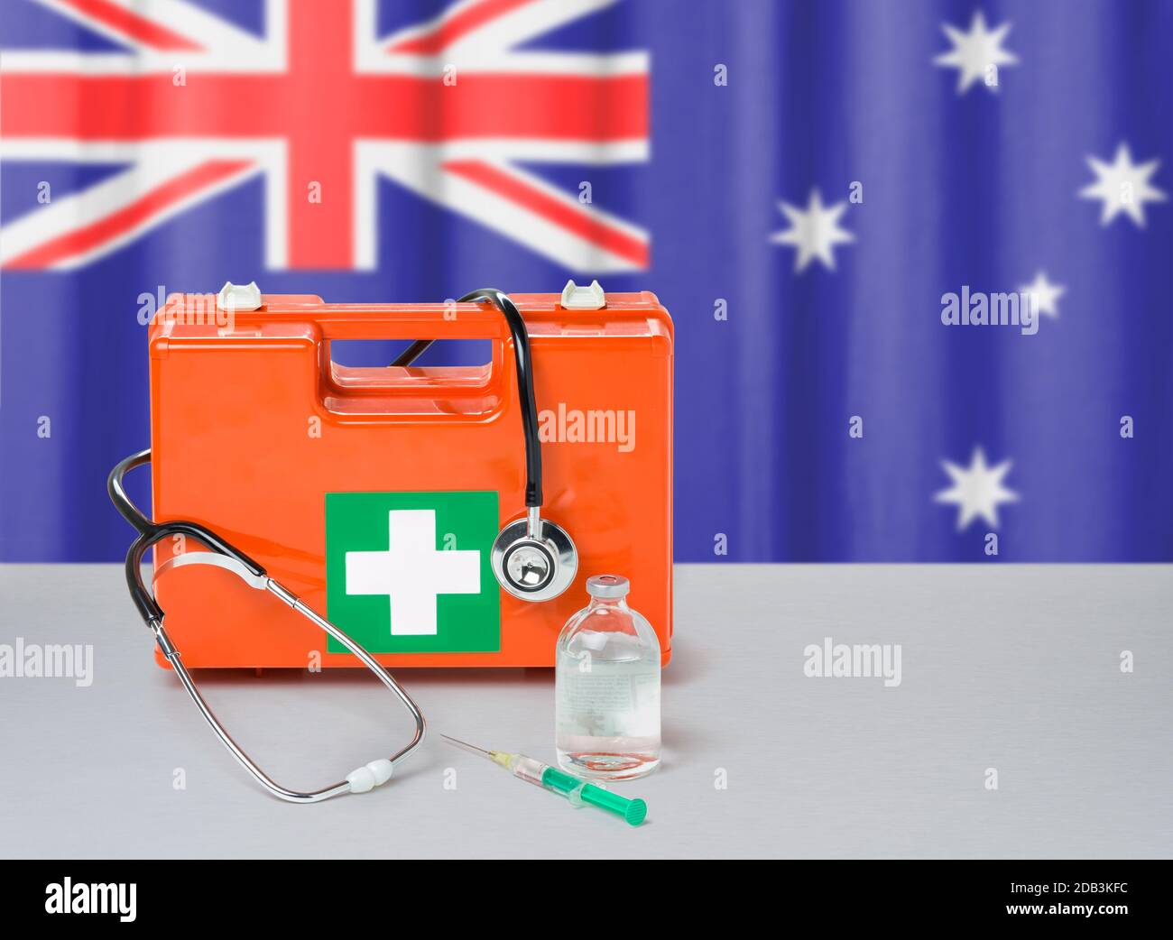 First aid kit with stethoscope and syringe - Australia Stock Photo - Alamy