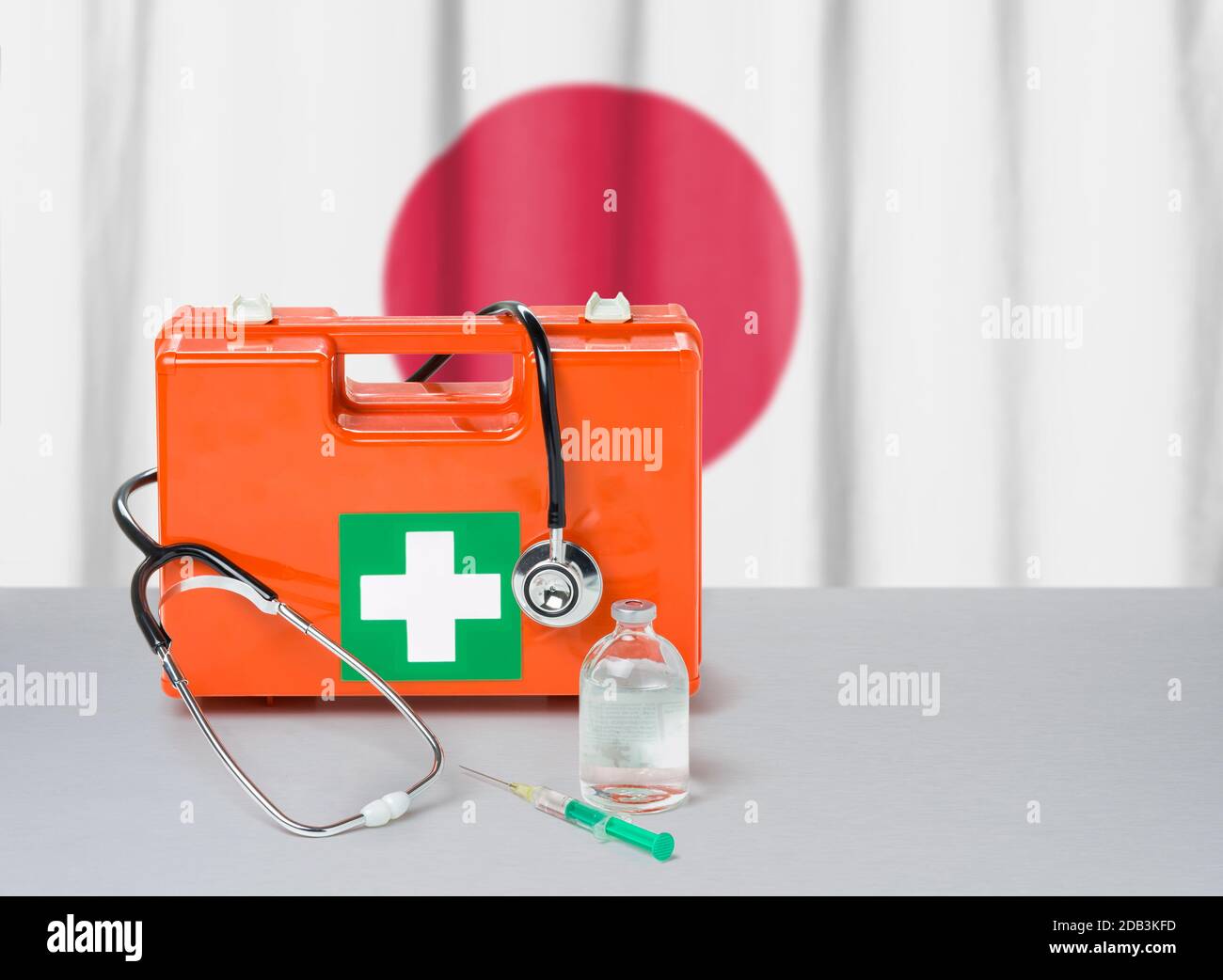 First aid kit with stethoscope and syringe - Japan Stock Photo - Alamy