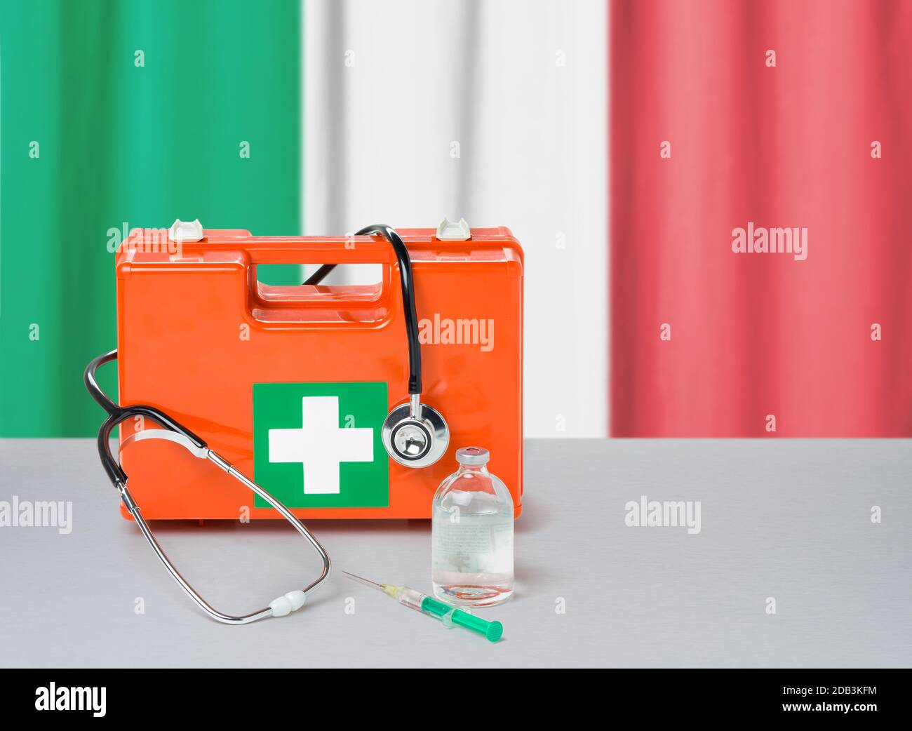 First aid kit with stethoscope and syringe - Italy Stock Photo - Alamy
