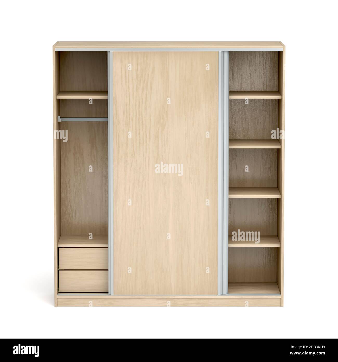 Front view of an empty wood wardrobe with sliding doors on white ...