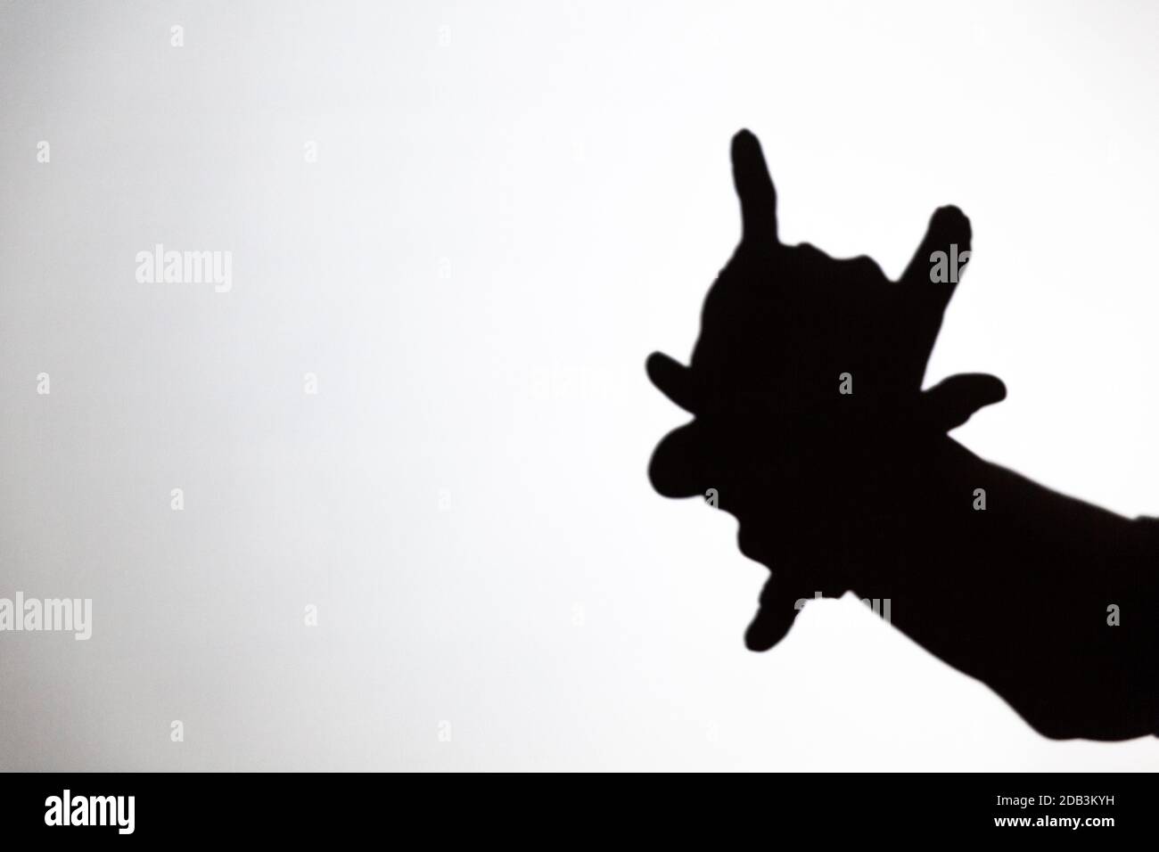 play shadow projected on a white screen. the person's hands form the ...