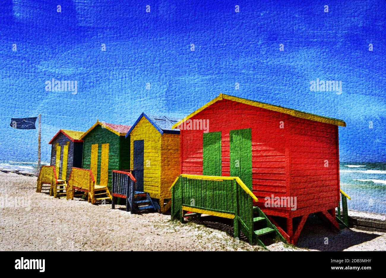 Landscape with colorful wooden changing huts on the beach in Muizenberg ...