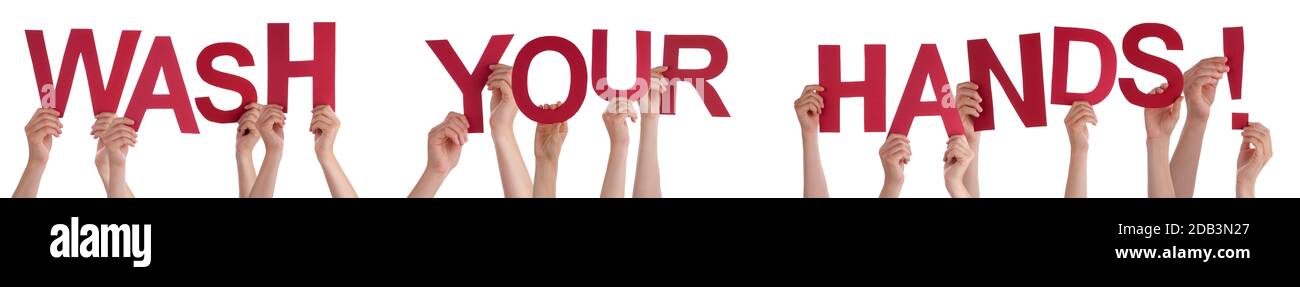 People Hands Holding Red English Word Wash Your Hands. White Isolated ...
