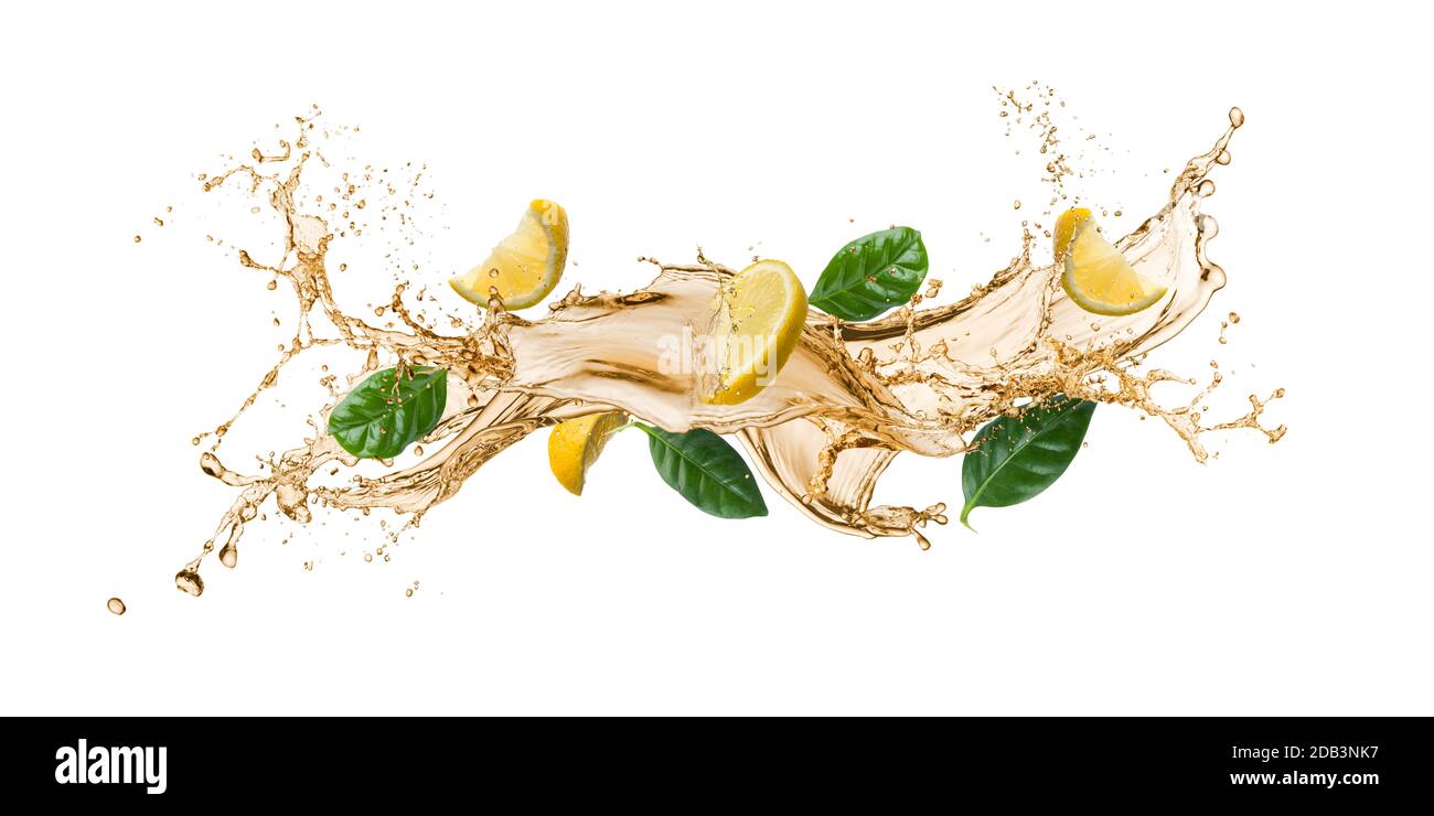 tea wave splashing with tea leaves and lemon slices, isolated on white ...