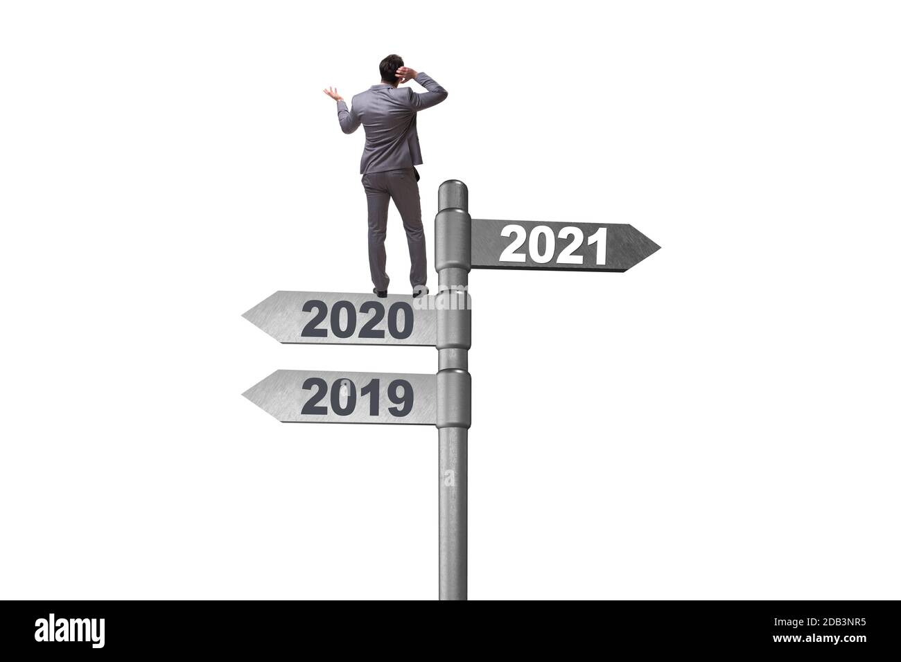 Road sign and the businessman with 2020 and 2021 Stock Photo - Alamy