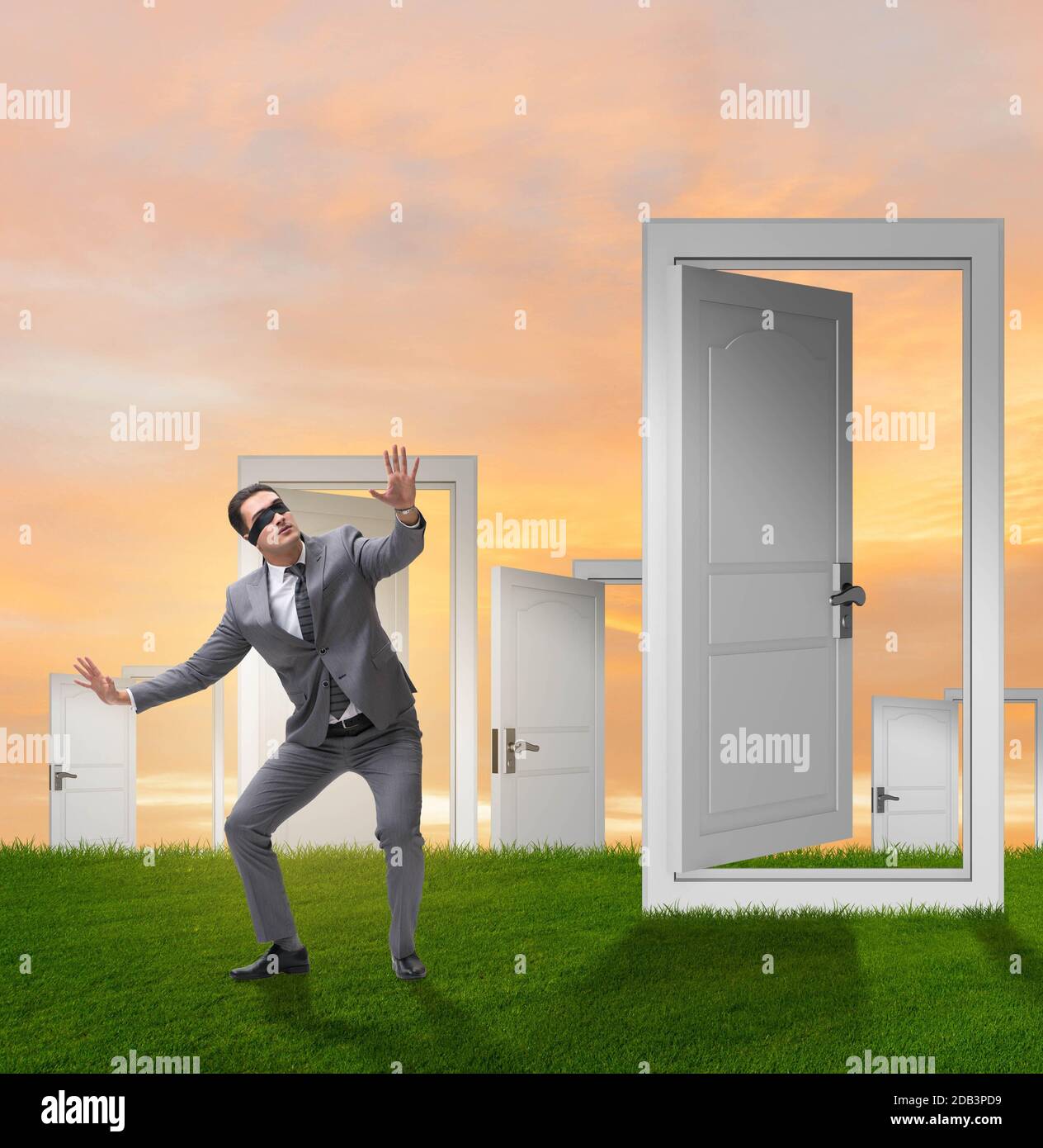 The confused businessman in front of doors Stock Photo - Alamy