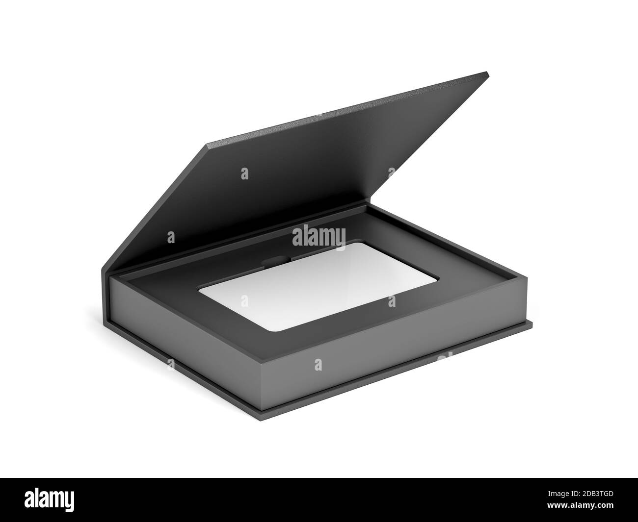 Blank plastic card and black box on white background Stock Photo - Alamy