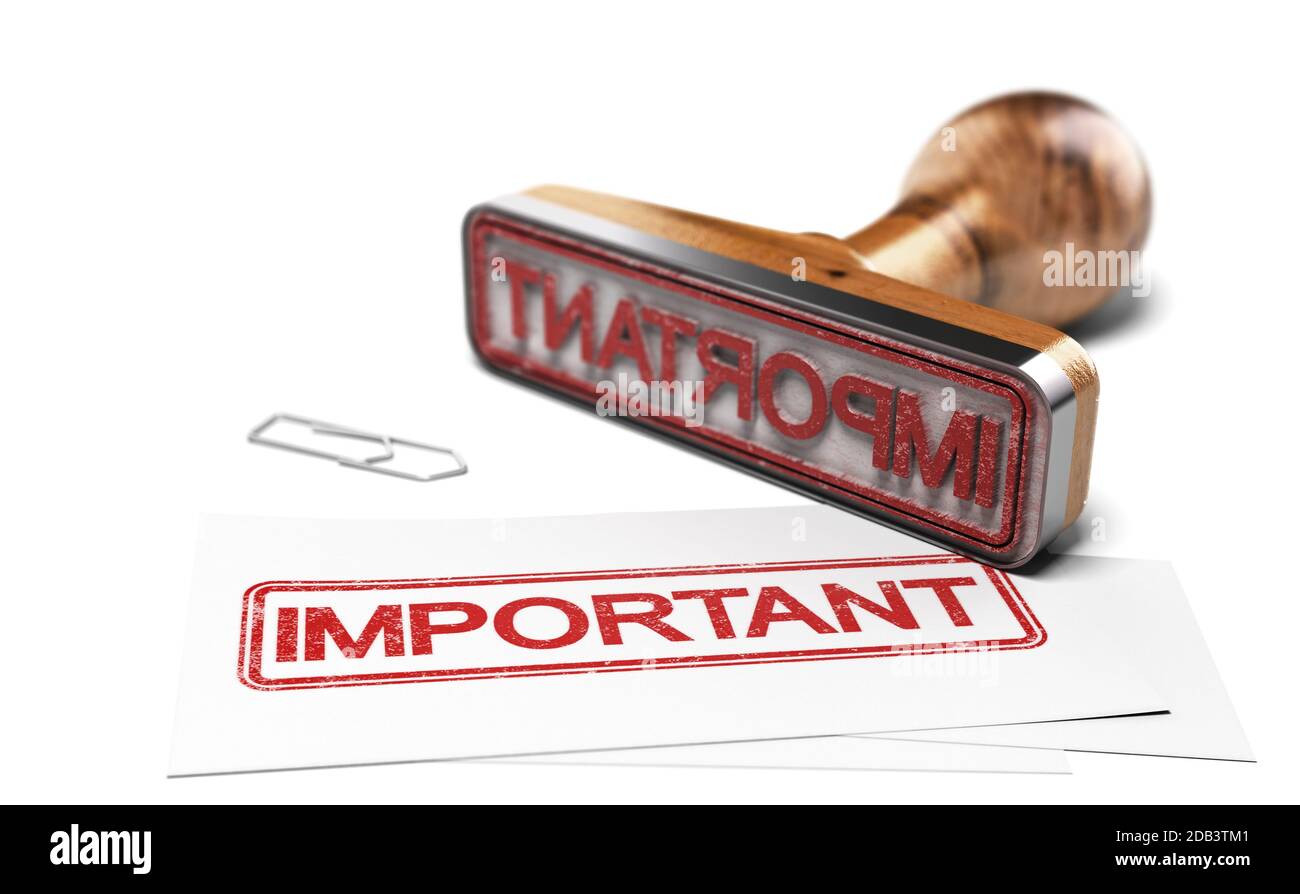 Word Important printed on business card and rubber stamp over white ...