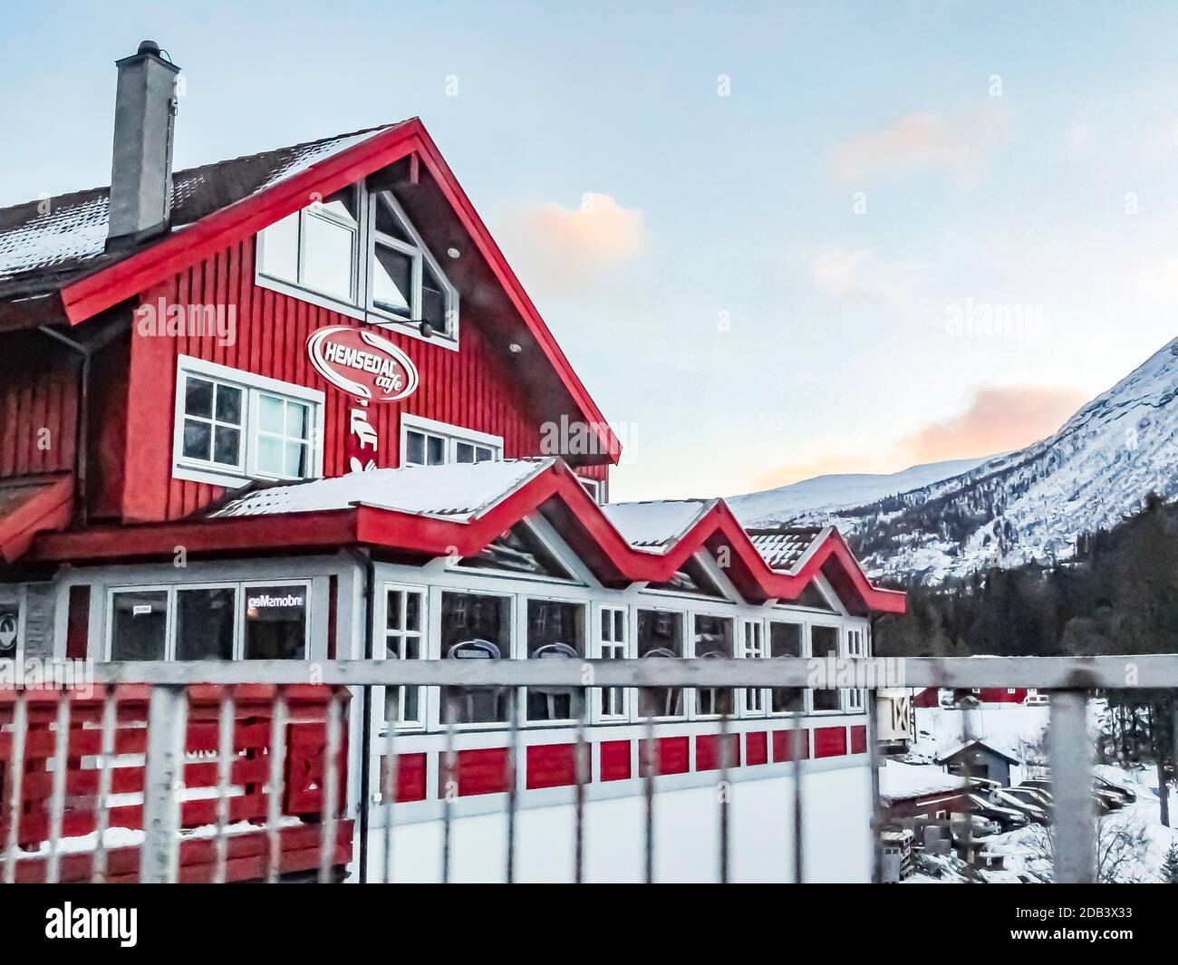 Café Hemsedal red wooden hut in village of winter landscape Hemsedal, Norway Stock Photo - Alamy
