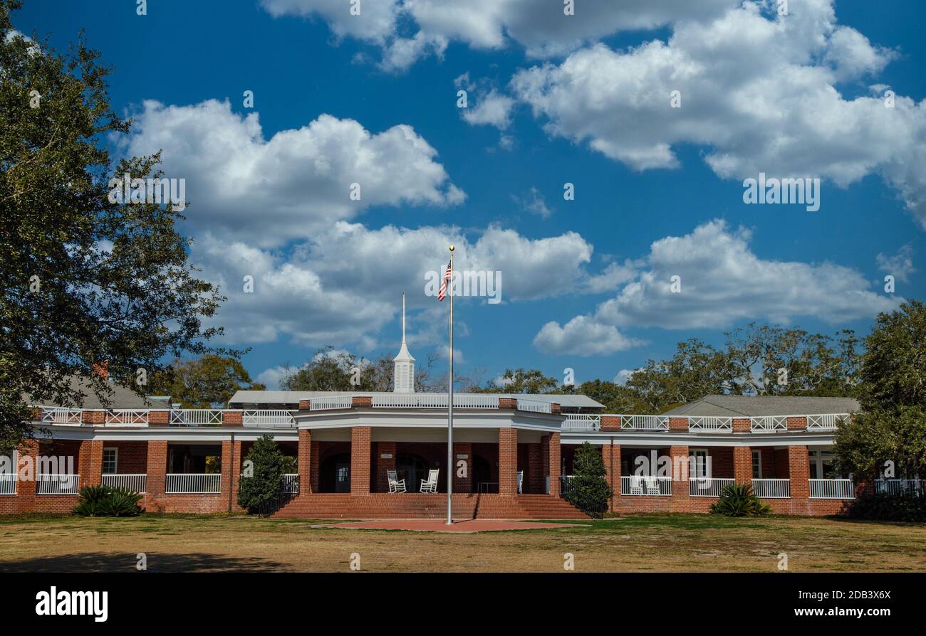 A nice brick pavilion with white rocking chairs on the porch Stock ...