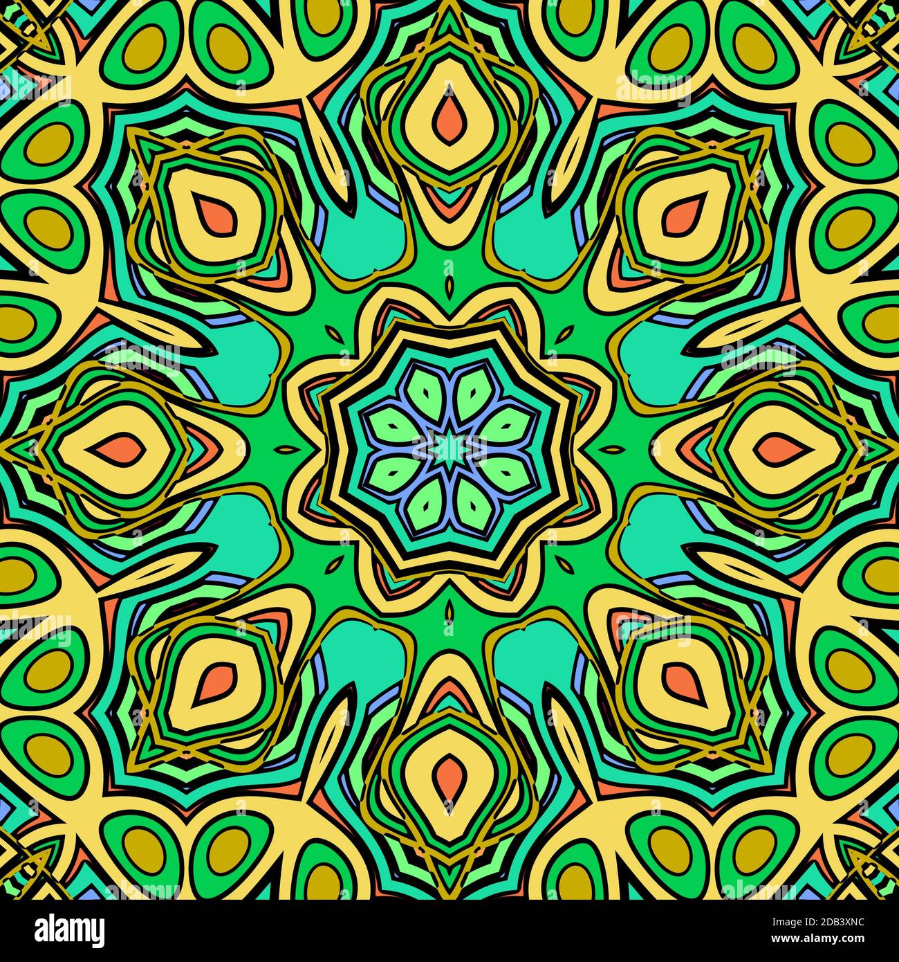 Seamless repeating pattern tile in bright orange, green, teal and ...