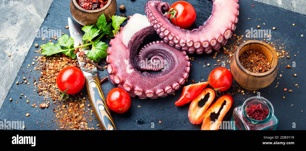 Tentacles of raw octopus.Raw octopus ready for cooking.Mediterranean ...