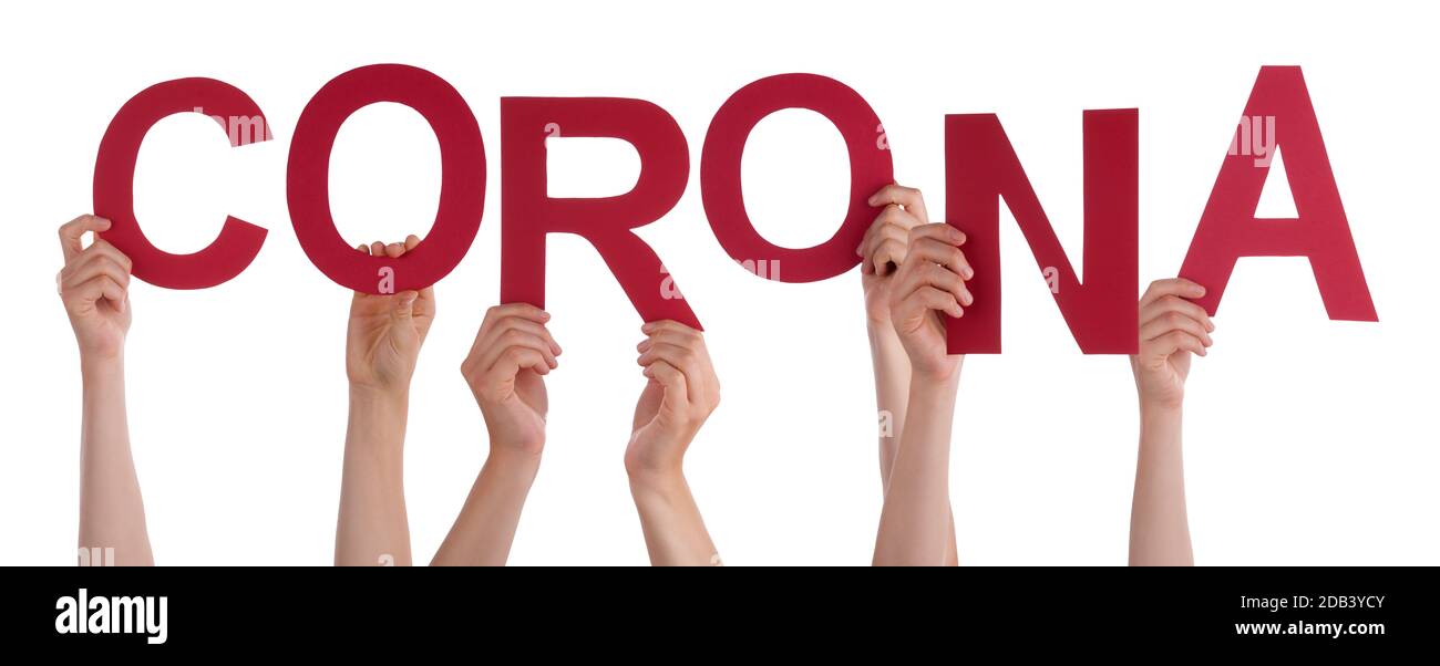 People Hands Holding Red English Word Corona. White Isolated Background ...