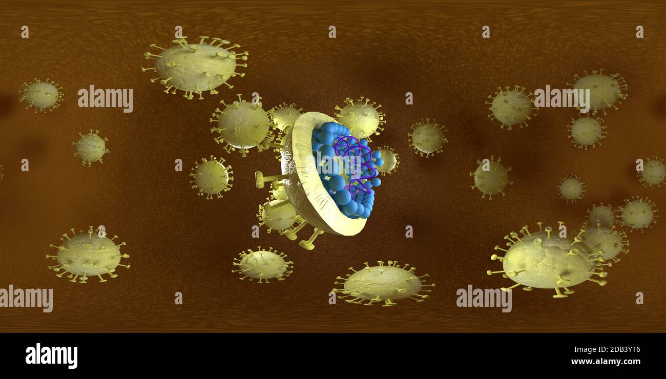 3d rendering Microscope virus- bacteria close up. Equirectangular 360 ...